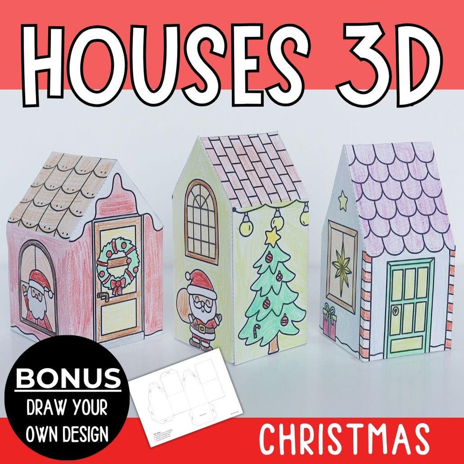 Christmas Holiday Houses Paper Craft Activity Printable Coloring Page ...