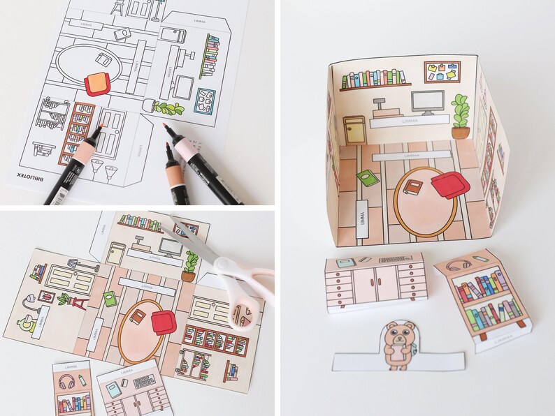Library for 3D Dollhouse Printable Paper Craft With a Figure - Etsy