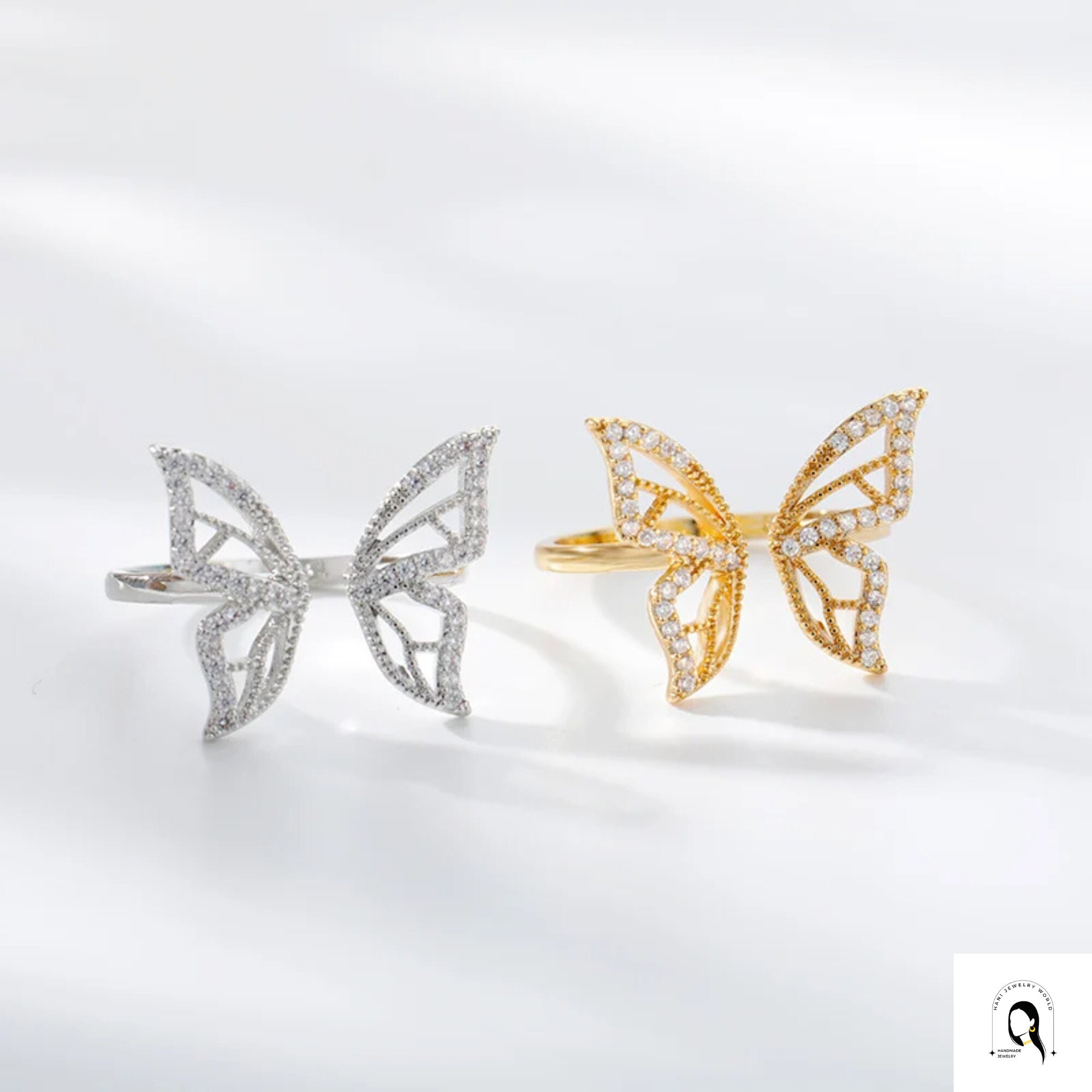 Stainless Steel Butterfly Ring, Gold Insect Charm Finger Ring, CZ ...