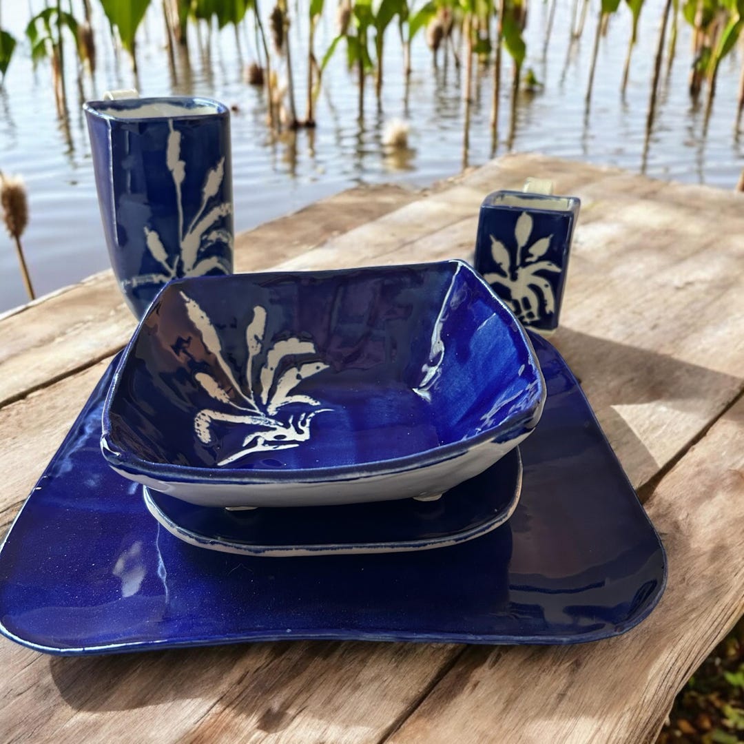 Cattails Complete Square Dinnerware Set #10 in Cobalt Blue - Etsy