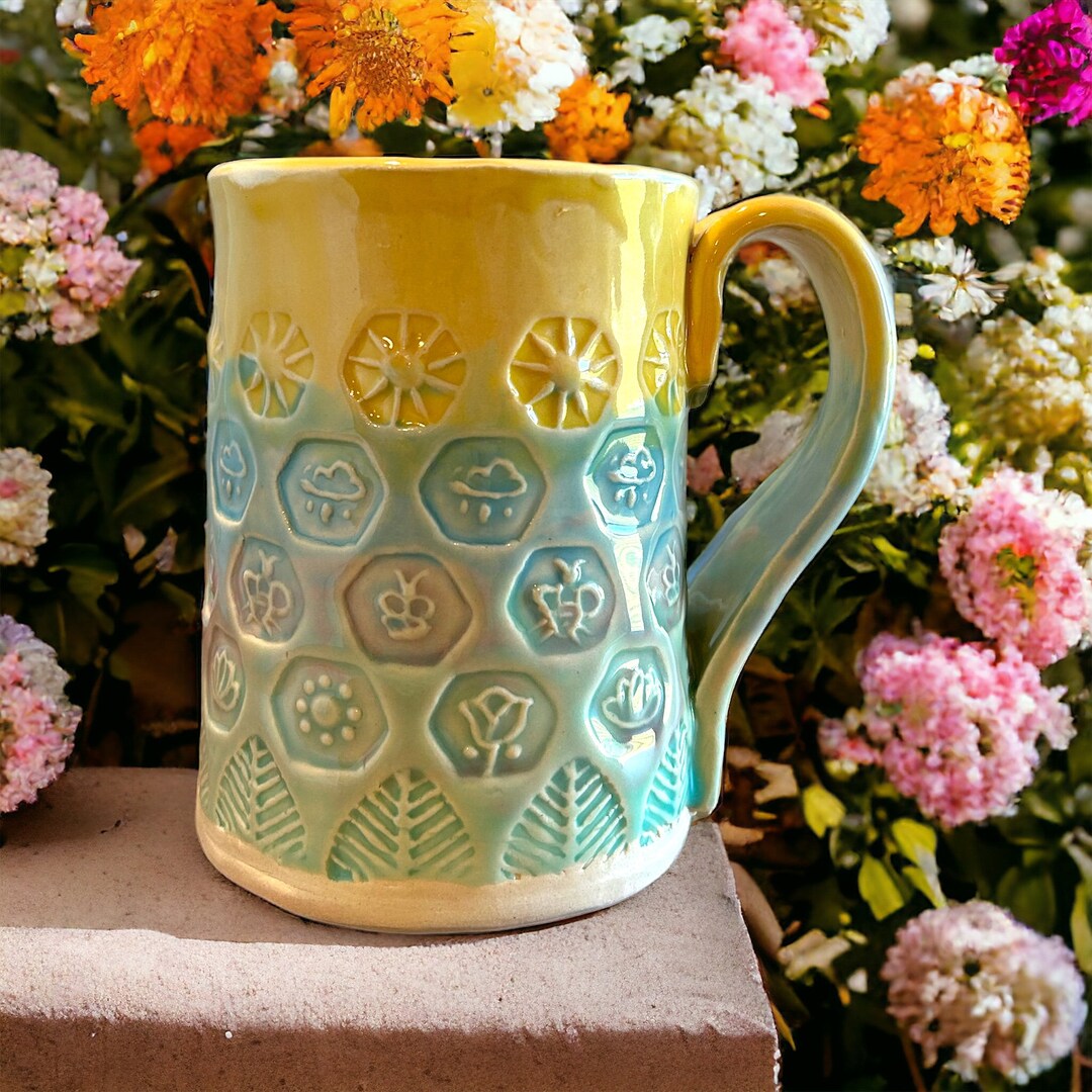 Large Slab Built Pottery Mug #13 With Spring Texture Stamps - Etsy