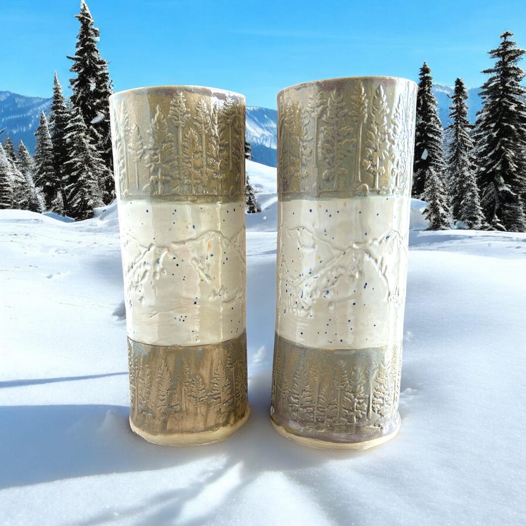 Winter Trees 48 Handbuilt Slab Pottery Set of 2 Tall Textured Tumblers ...