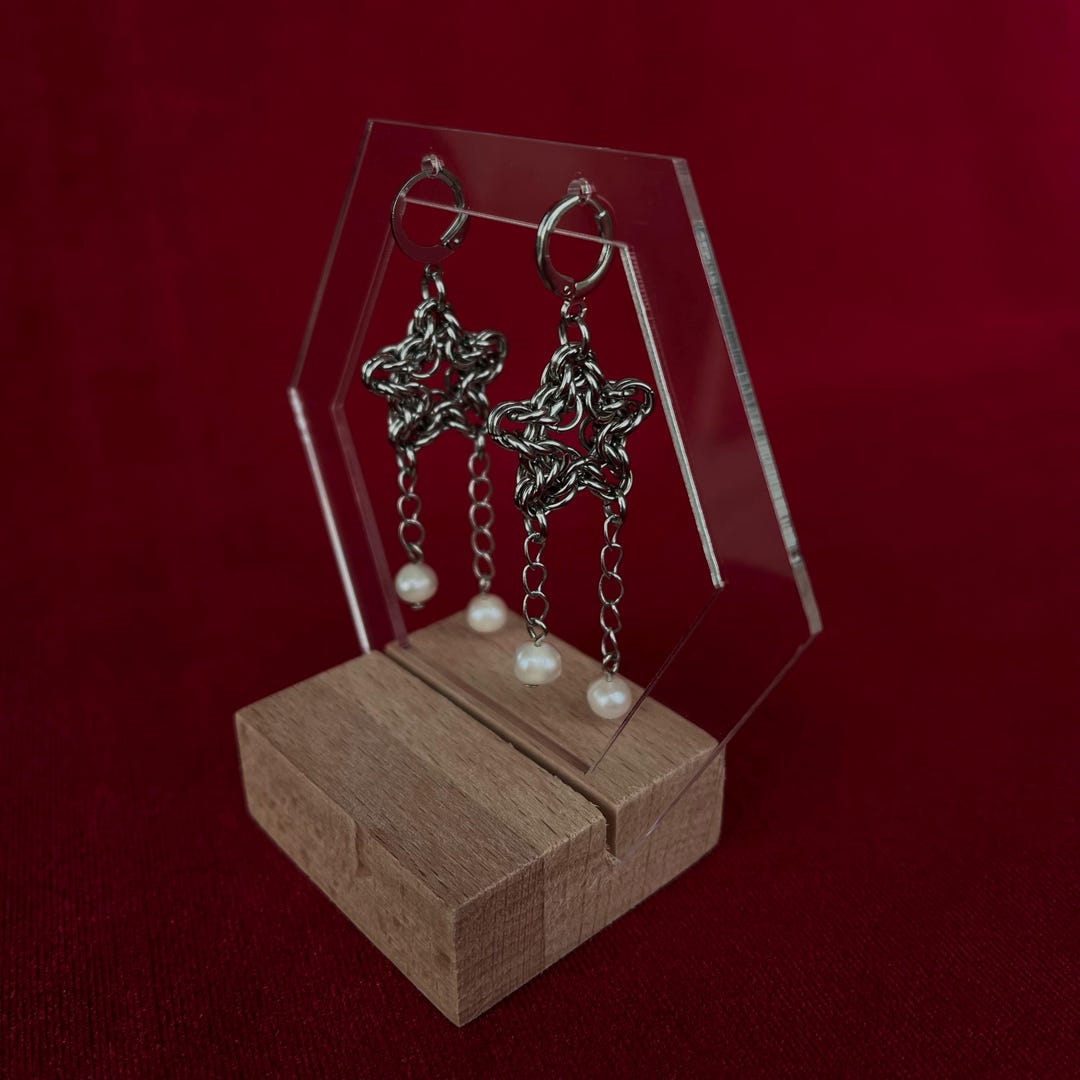Chainmail Star Pendant Earrings With Freshwater Pearls Stainless Steel ...