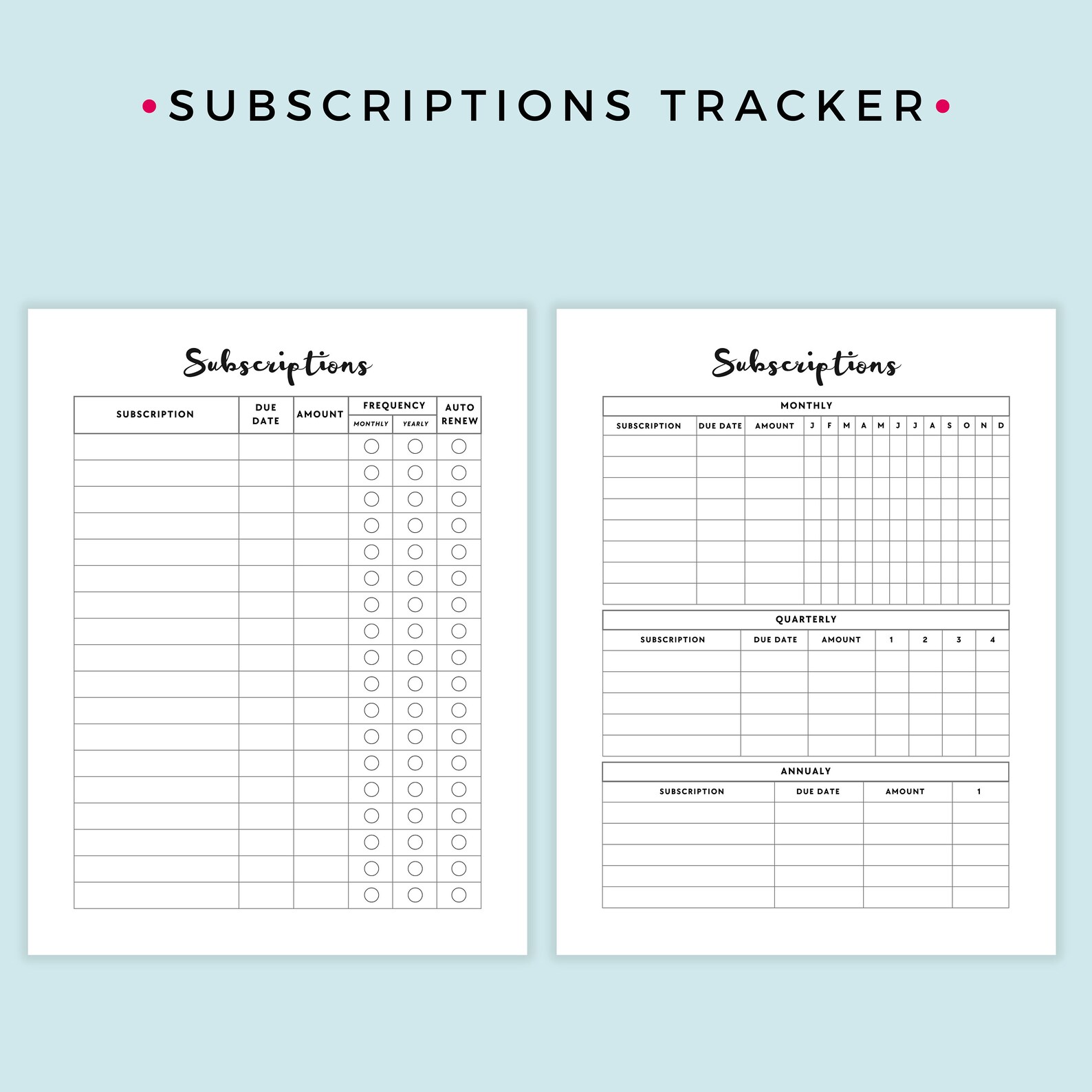 Subscription Tracker Printable Monthly Budget Planner Expense Tracker ...