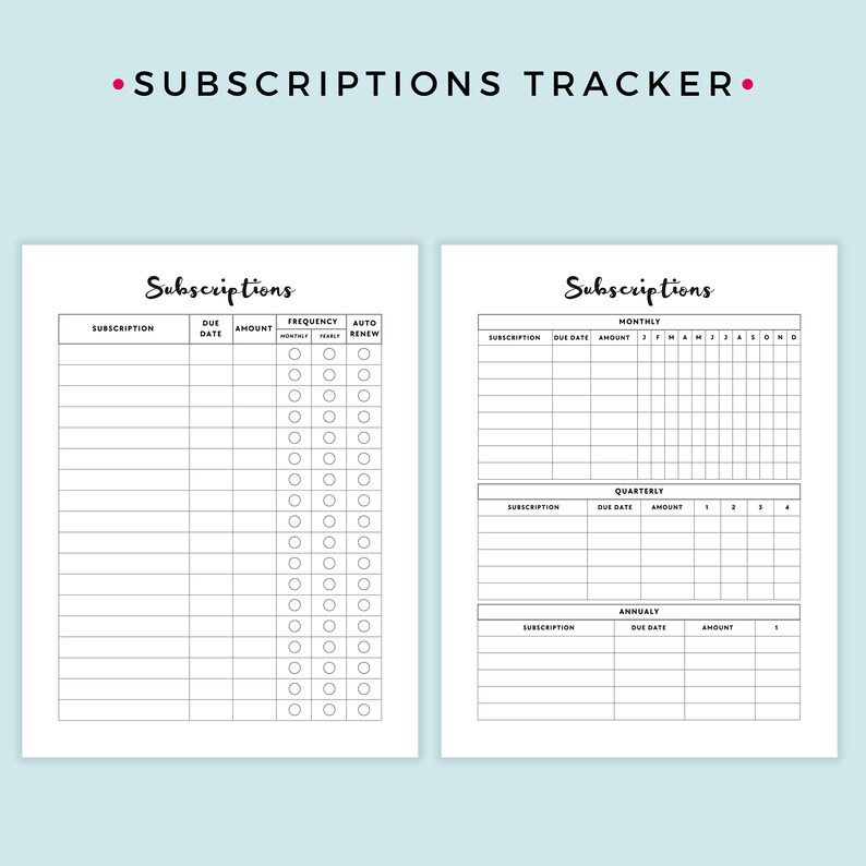 Subscription Tracker Printable Monthly Budget Planner Expense Tracker ...