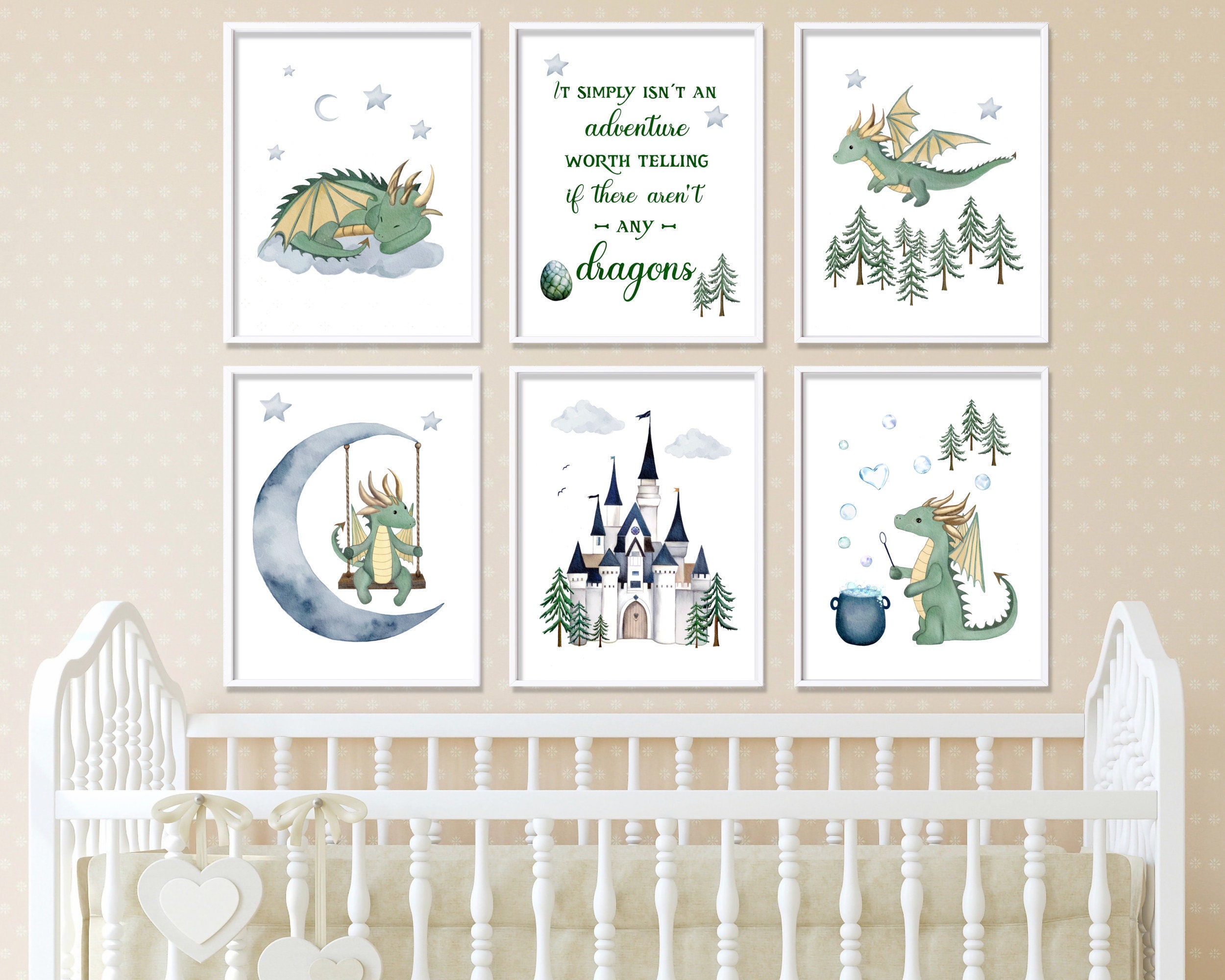 Set of 6 Watercolor Dragon Nursery Wall Art Prints Printables Green and ...