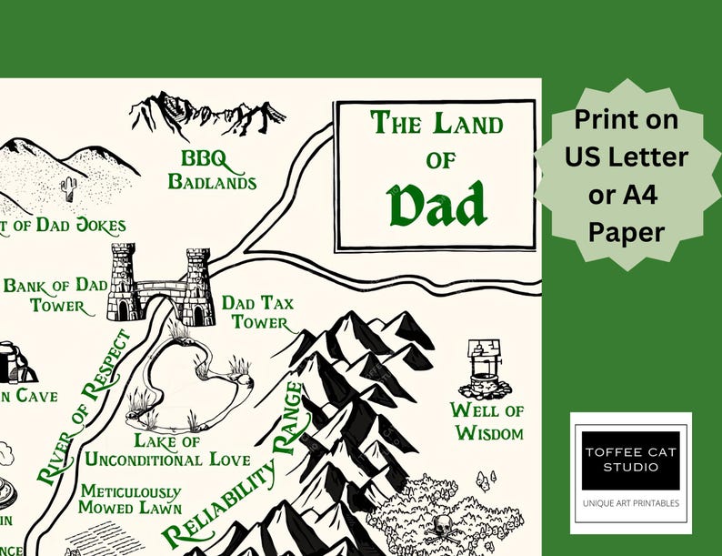 Funny Birthday Father's Day Land of Dad Map Greeting Card Printable ...