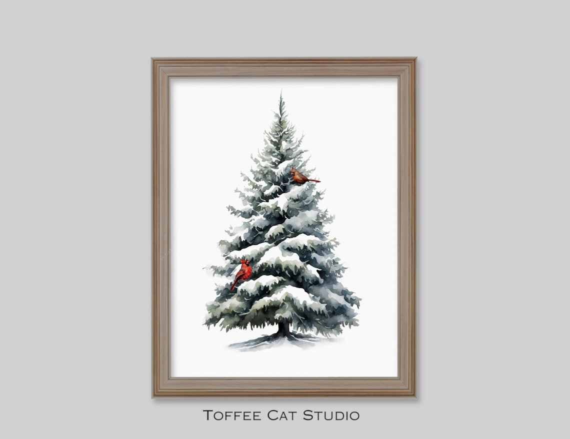Christmas Tree With Cardinals Printable | Evergreen Tree With Birds Art ...