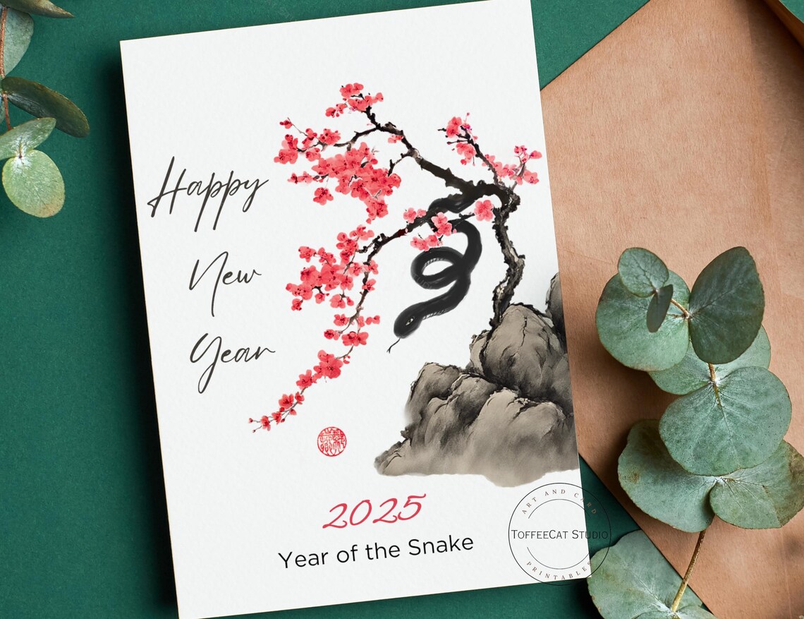 2025 Hand Painted Snake Lunar New Year Card Printable | 2025 Happy ...