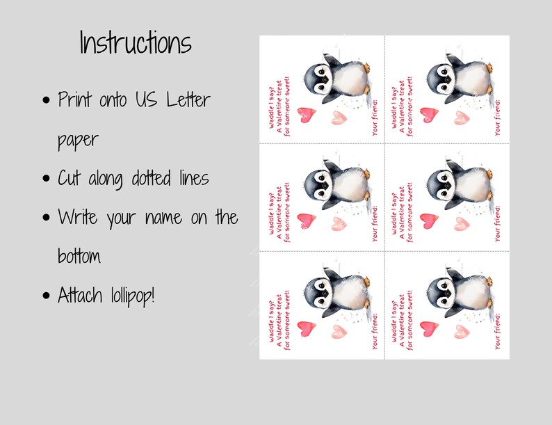 Penguin Lollipop Valentine Printable Penguin Valentine's Day Card Kids ...