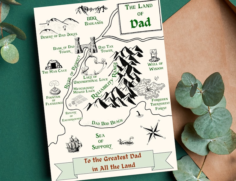 Funny Birthday Father's Day Land of Dad Map Greeting Card Printable ...