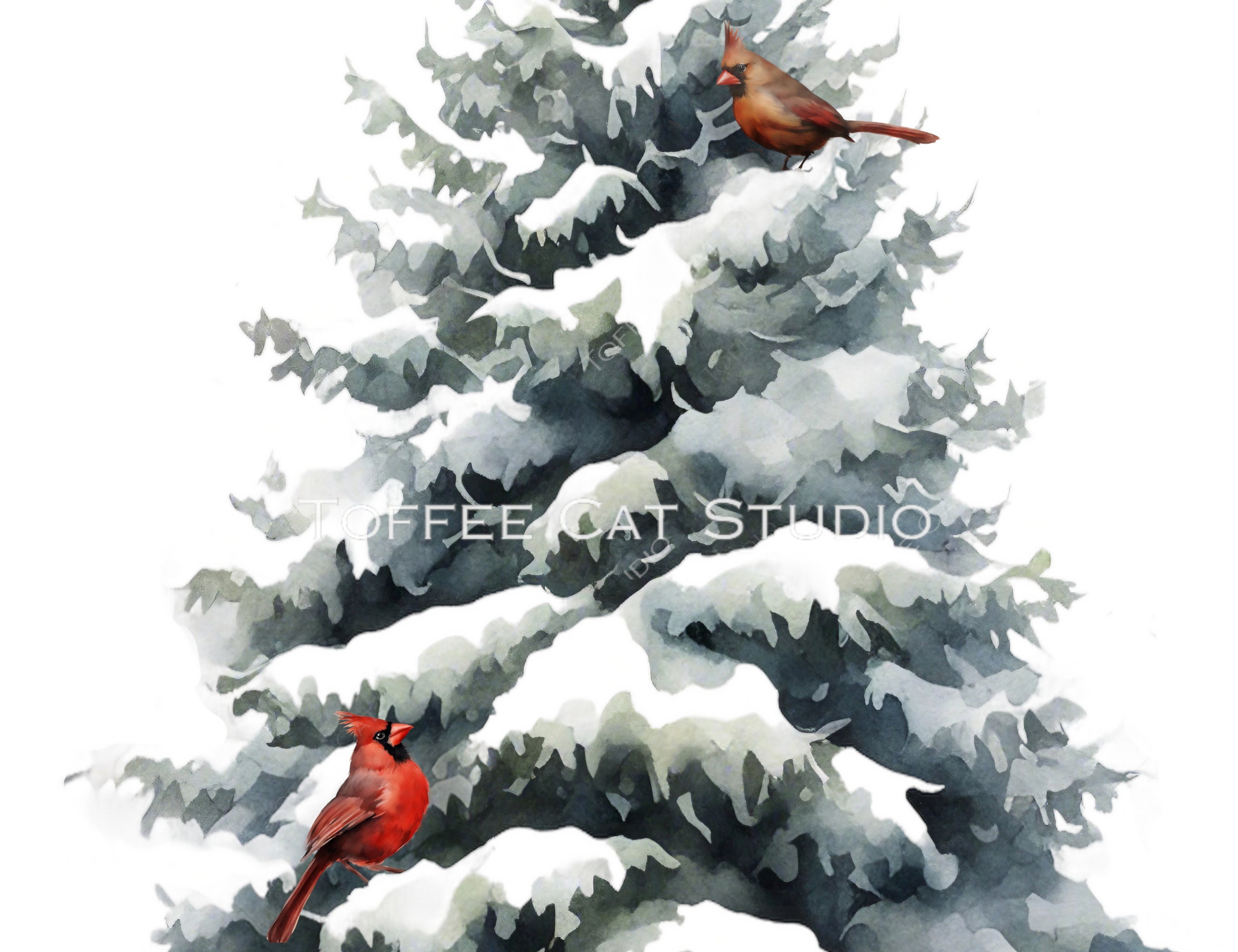 Christmas Tree With Cardinals Printable | Evergreen Tree With Birds Art ...