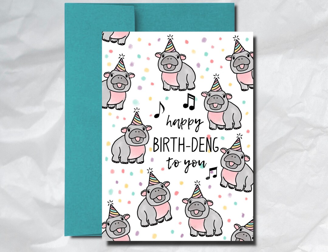 Party Moo Deng Baby Hippo Birthday Card Printable | Baby Pygmy Hippo ...