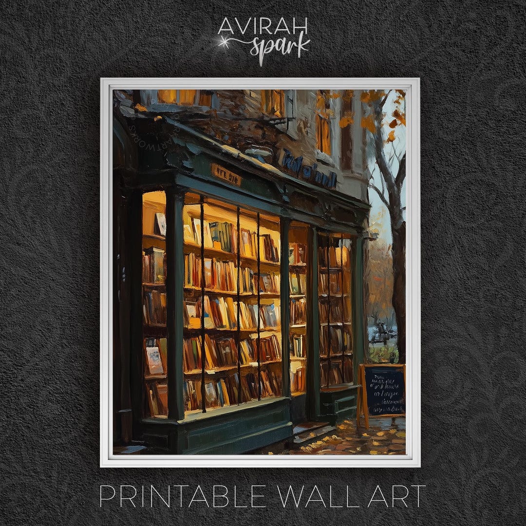 Autumn Bookstore Street Scene Printable Wall Art - Cozy Fall Urban ...