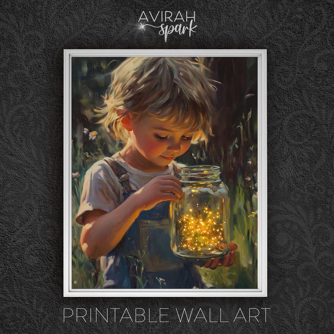 Child Holding Jar of Fireflies Printable Wall Art - Whimsical Summer ...