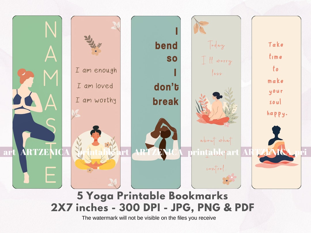 Yoga Printable Bookmarks, Set of 5, 2x7 Inches, Meditation Namaste ...