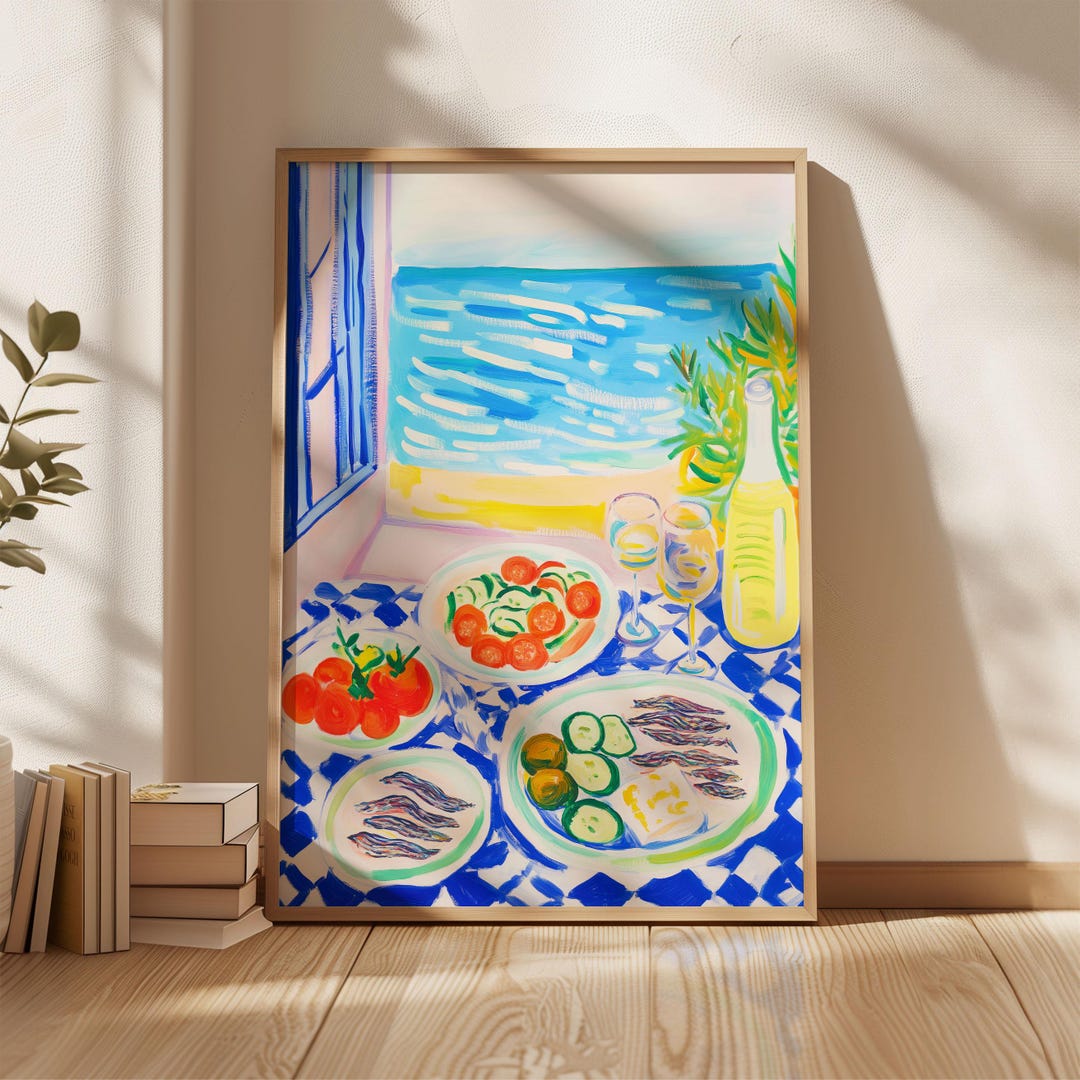 Greek Seaside Meze Print, Food and Drink Painting, Trendy Kitchen ...