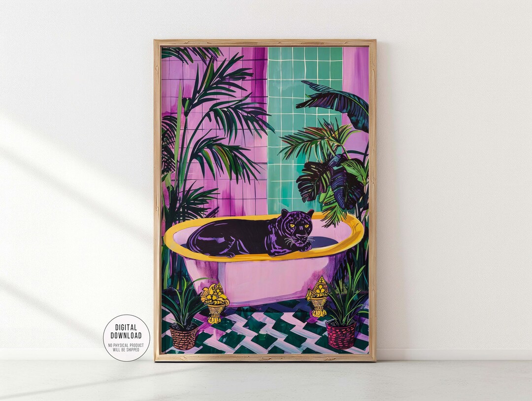 Panther in the Bathtub Print, Maximalist Dopamine Decor, Eclectic Wall ...