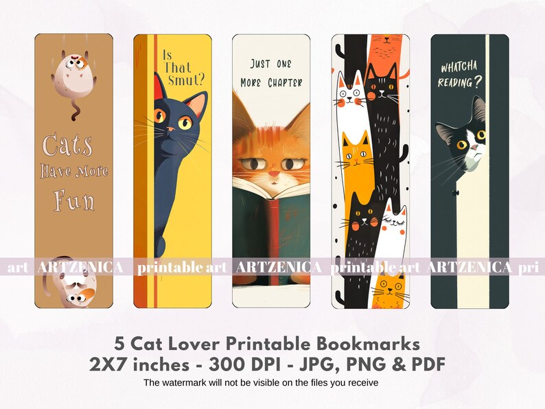 Cute Cats Printable Bookmarks, Set of 5, 2x7 Inches, Cat Lovers Gift ...