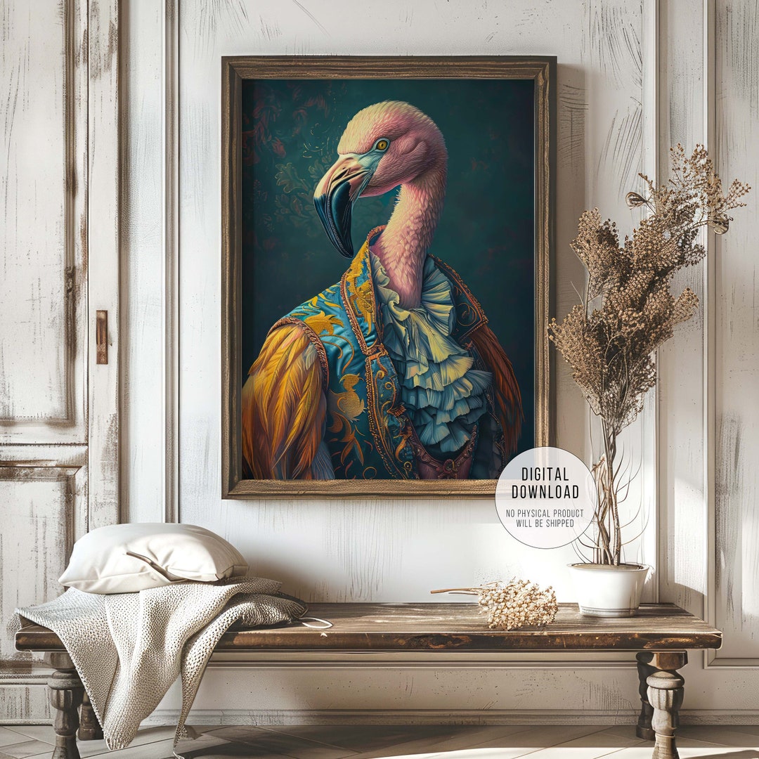 Flamingo Vintage Portrait, Renaissance Bird Painting, Animal Head Human ...