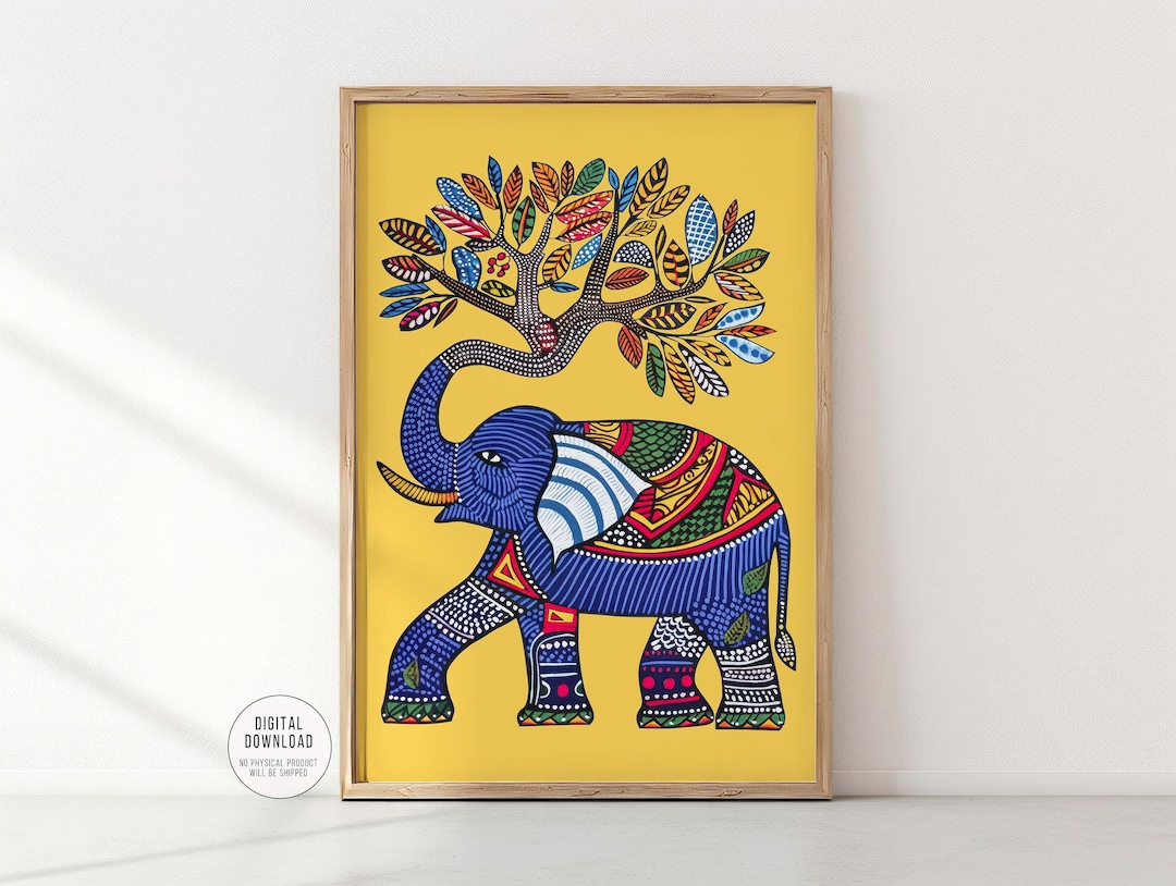Indian Elephant Print, Tribal Gond Art, Living Room Wall Decor, Vibrant ...