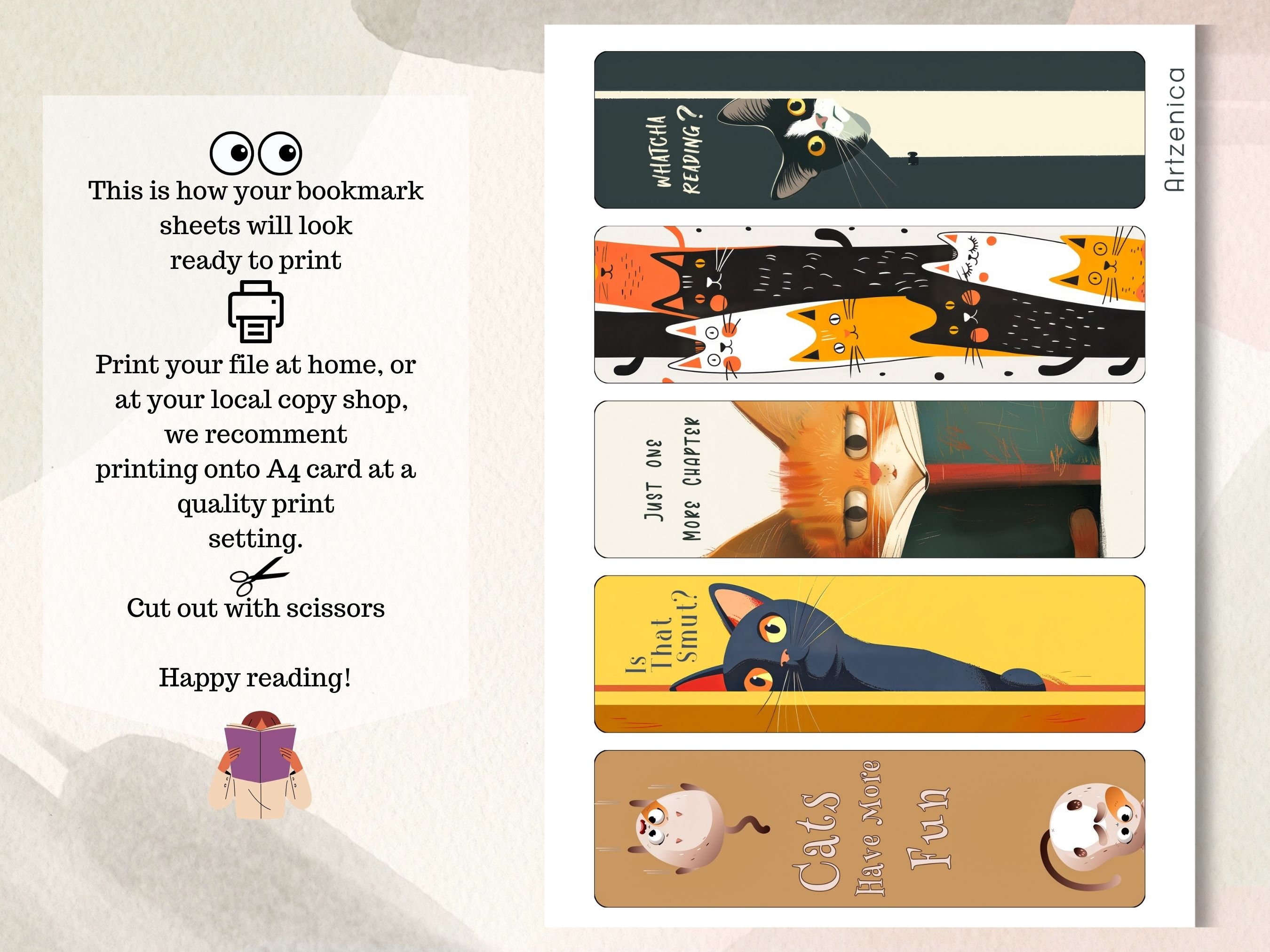 Cute Cats Printable Bookmarks, Set of 5, 2x7 Inches, Cat Lovers Gift ...