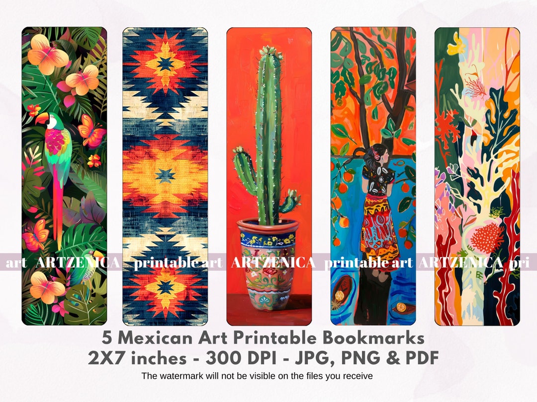 Mexican Art Watercolor Bookmarks, Set of 5, Colorful Folk Art Designs ...