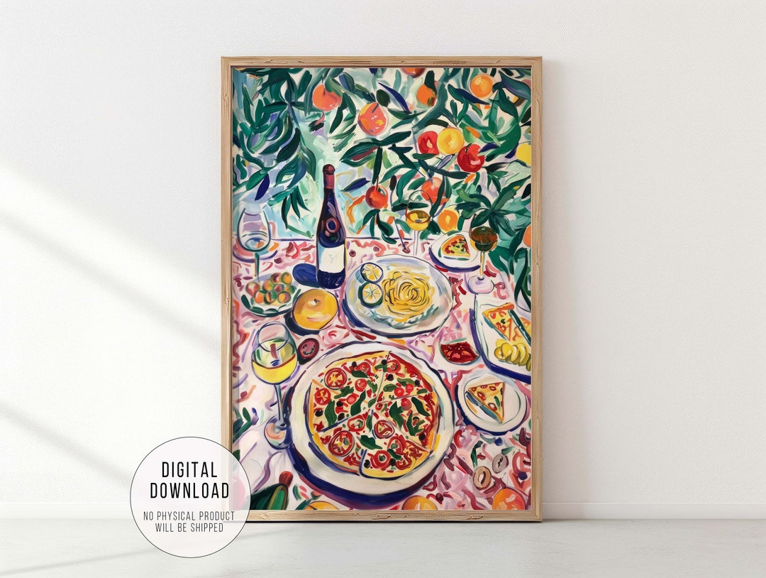 Italian Feast Art Print: Pizza, Pasta & Wine Painting (digital Download ...