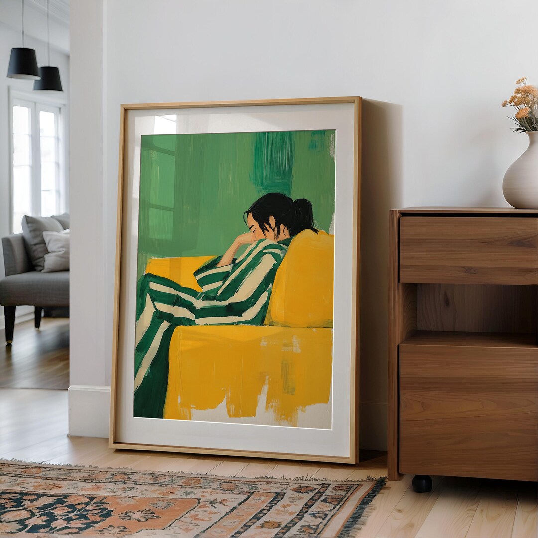 Green Striped Woman Print, Abstract Portrait Painting, Minimalist ...