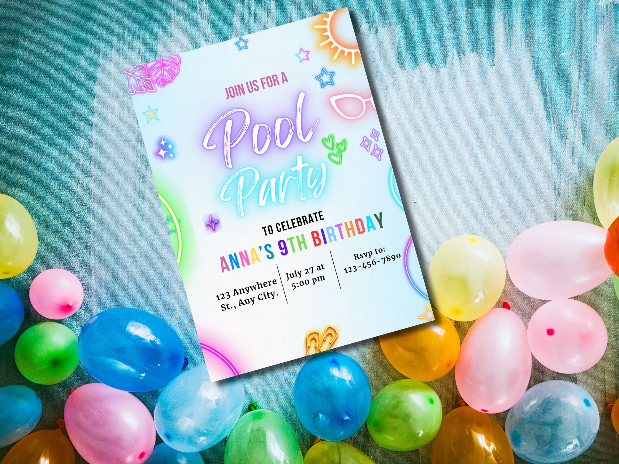 Birthday Pool Party Invitation, Neon Birthday Pool Party, Swimming ...