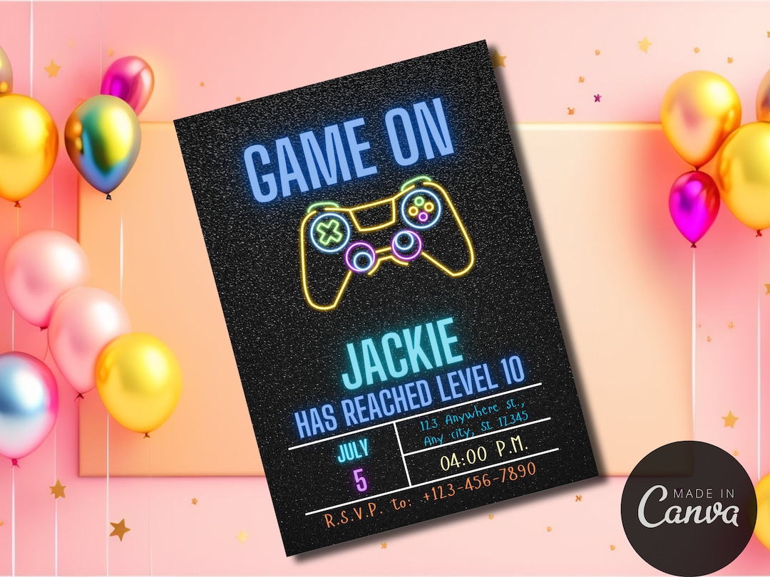 Level up Birthday Invite Template Customizable Gamer Party, Blue Neon ...
