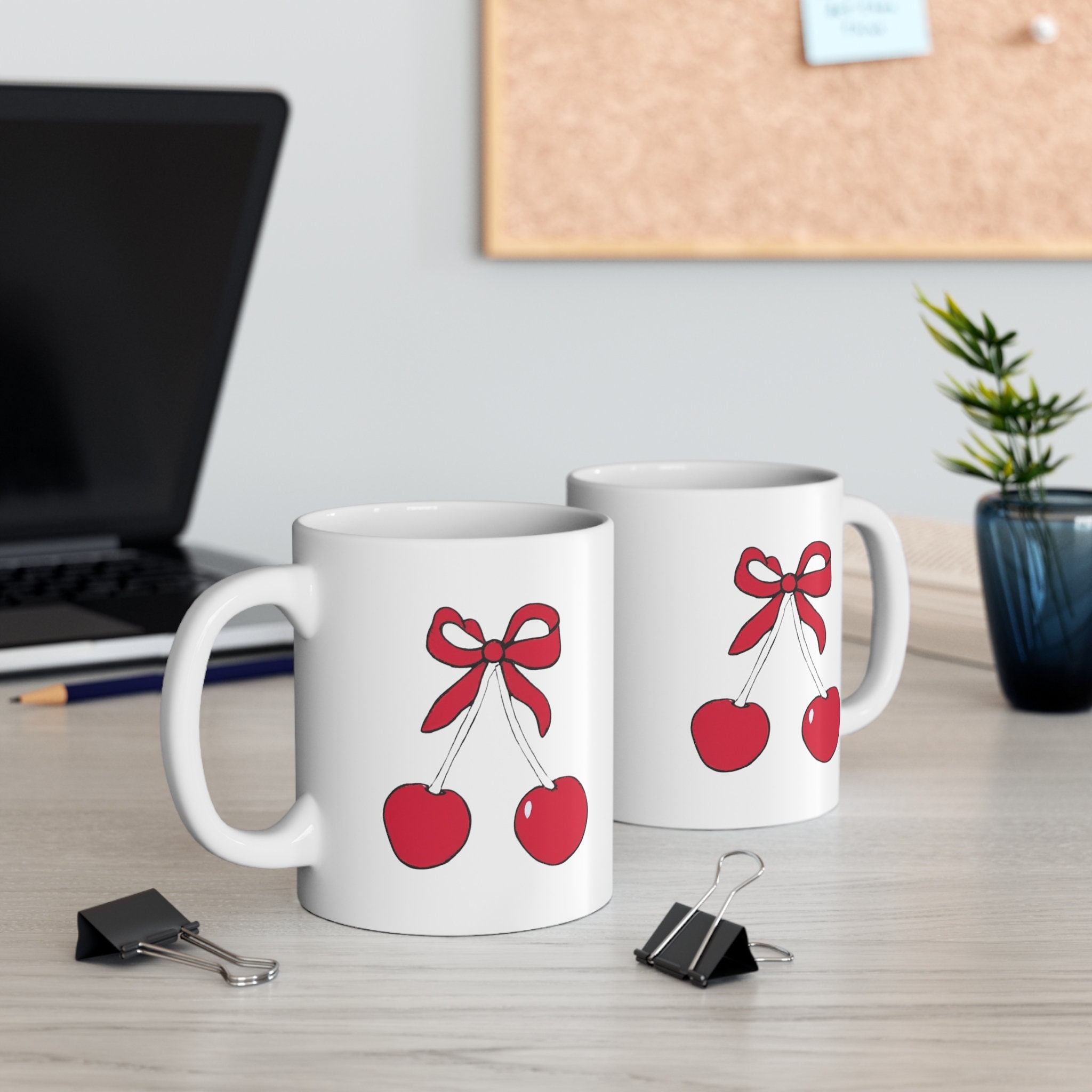 Vintage Inspired Cherry Mug With a Bow 11 Ounces ~ White Ceramic Coffee ...
