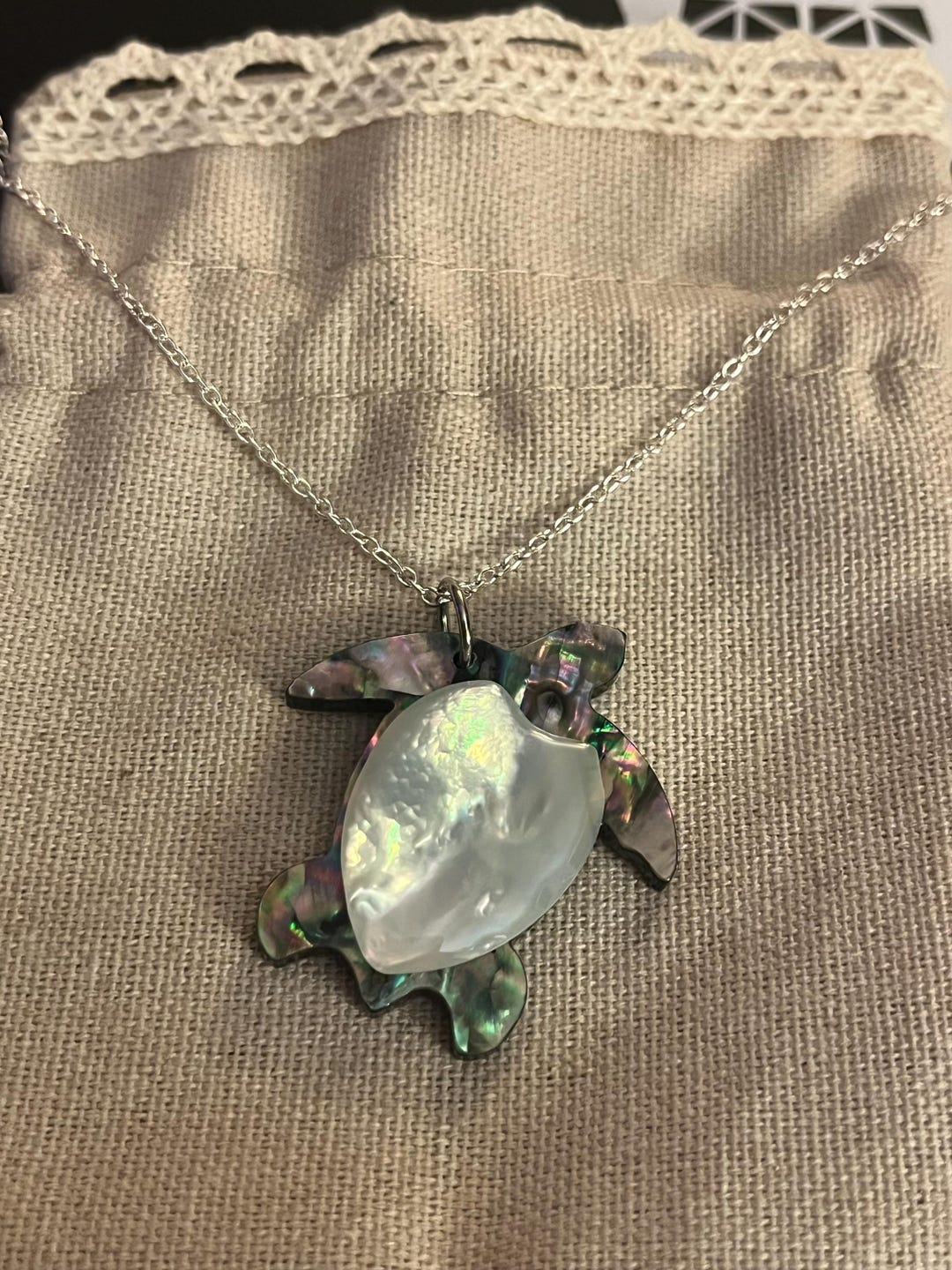 16 Inch Silver Necklace - Turtle Glimmers With a Iridescent Turtle With ...