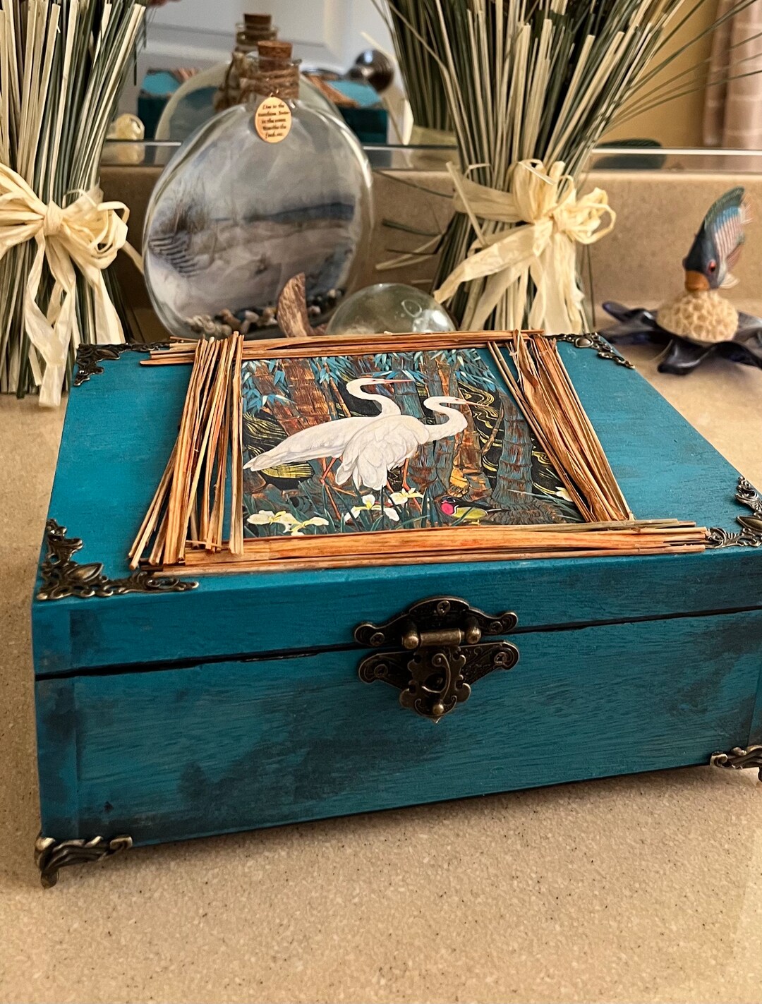 Tropical White Cranes and Bamboo Keepsake Box Repurposed and Decorated ...