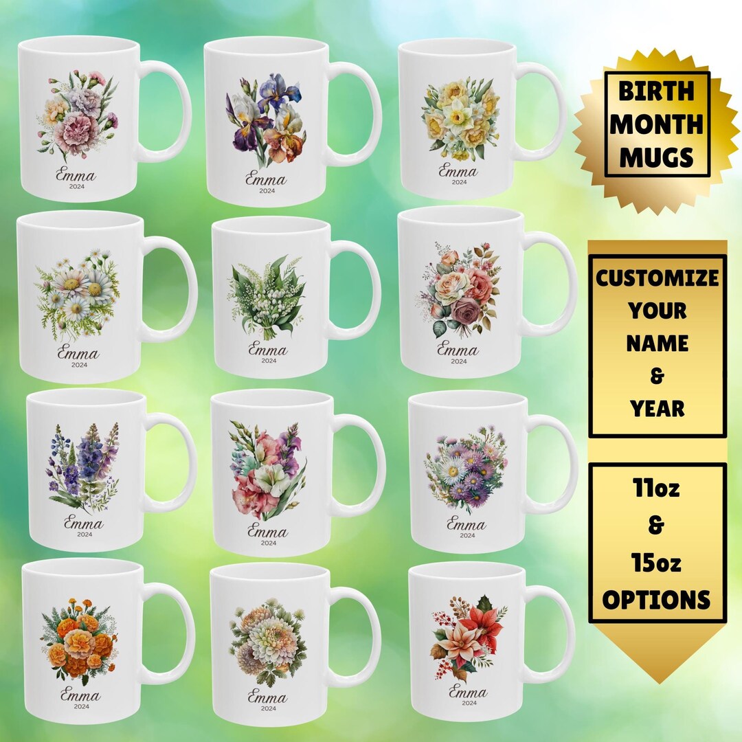 Birth Flower Mugs Customize With Name and Year, Gift for Women ...