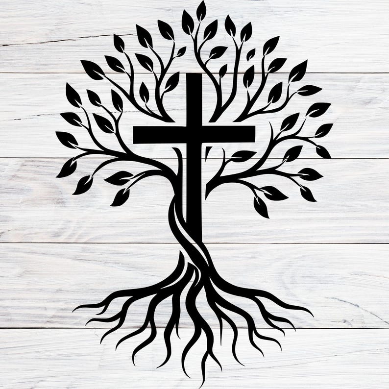Rooted Christian Cross Tree, Faith Life Symbol, Religious Silhouette ...