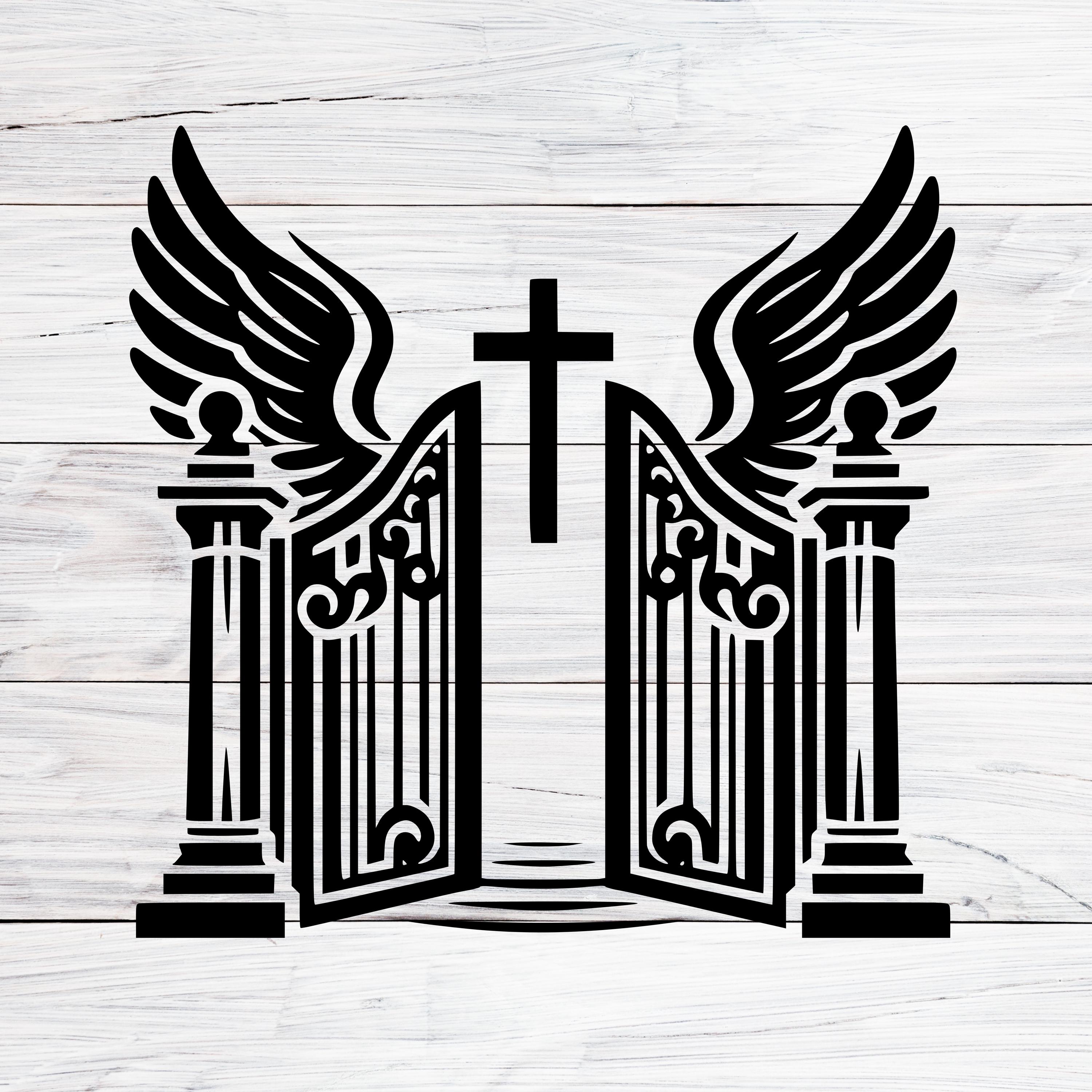 Gates of Heaven SVG Stencil With Cross & Angel Wings, Christian Digital ...