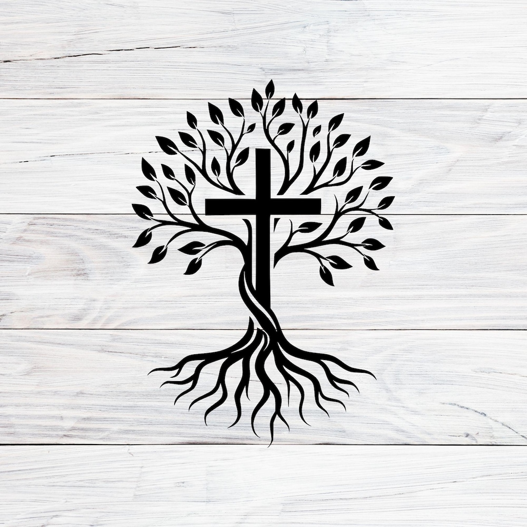 Rooted Christian Cross Tree, Faith Life Symbol, Religious Silhouette ...
