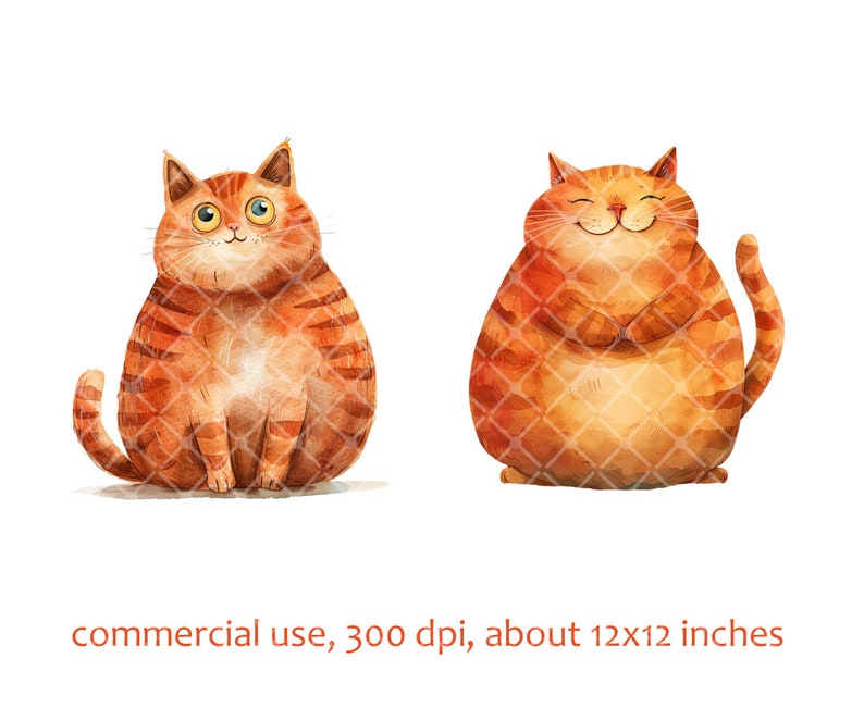 10 Watercolor Fatty Ginger Cats Clipart, Printable Cartoon Cats ...