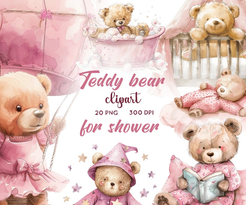 Sweet Baby Girl Teddy Bear Clipart Bundle - Watercolor Baby Shower ...