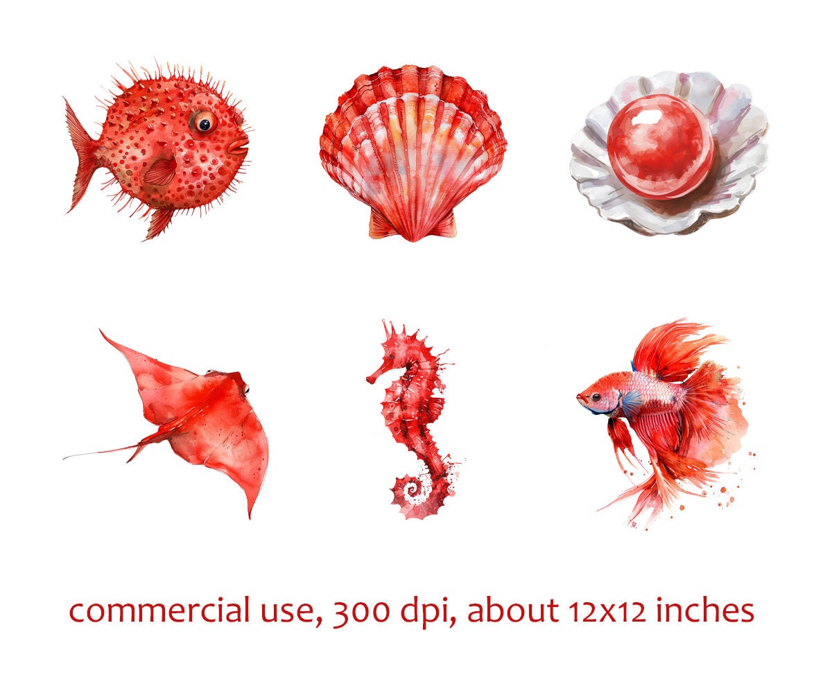 Watercolor Under the Sea Red Clipart, Ocean Clipart, Whales and Sharks ...