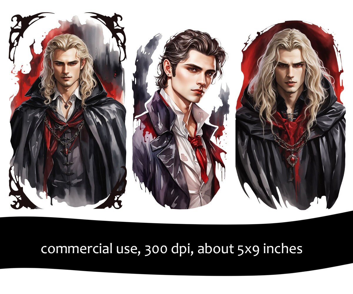 Watercolor Vampire Clipart, Spooky Clipart, Handsome Male Vampires ...