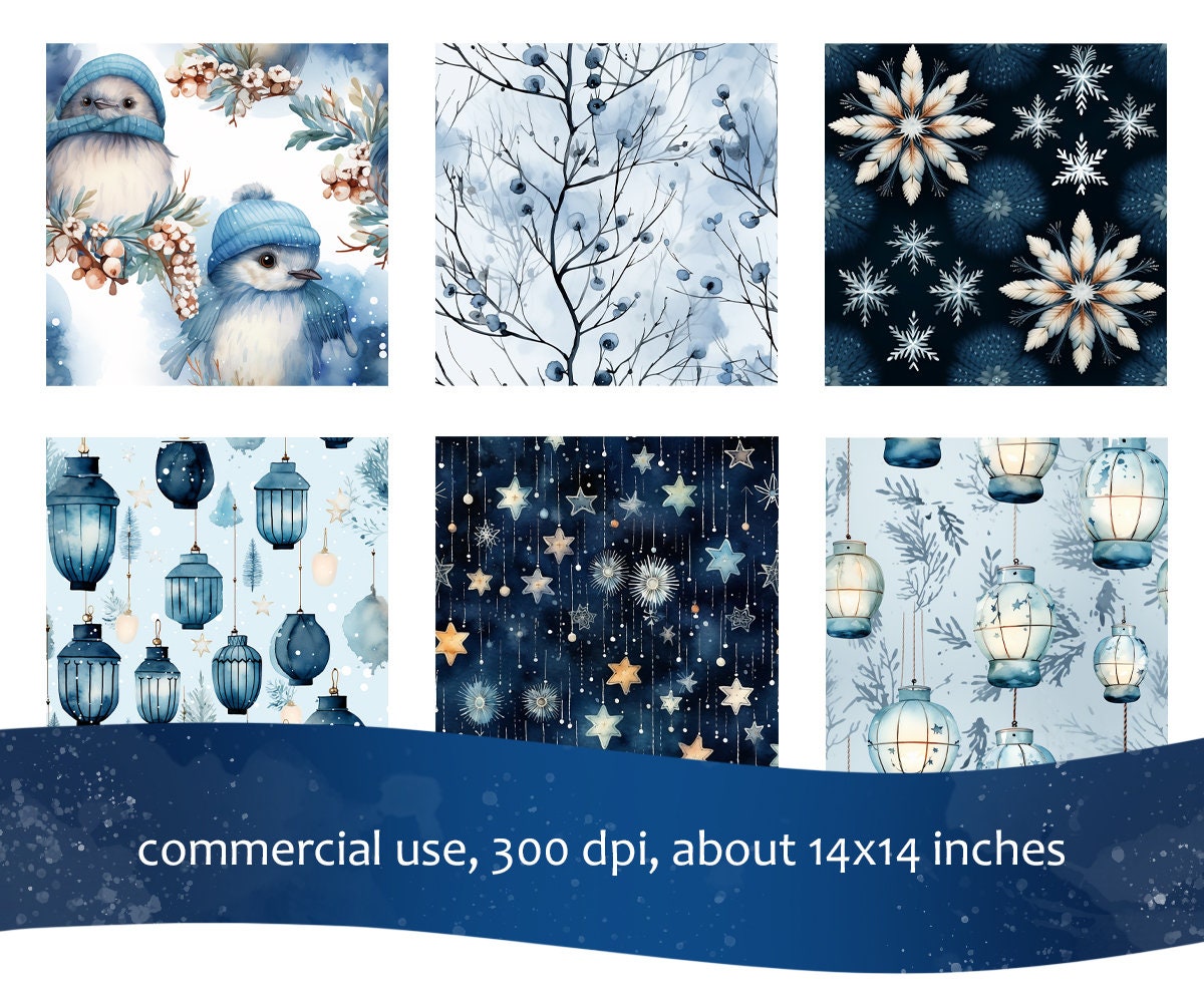 Blue Watercolor Christmas Seamless Pattern, Printable Digital Paper ...