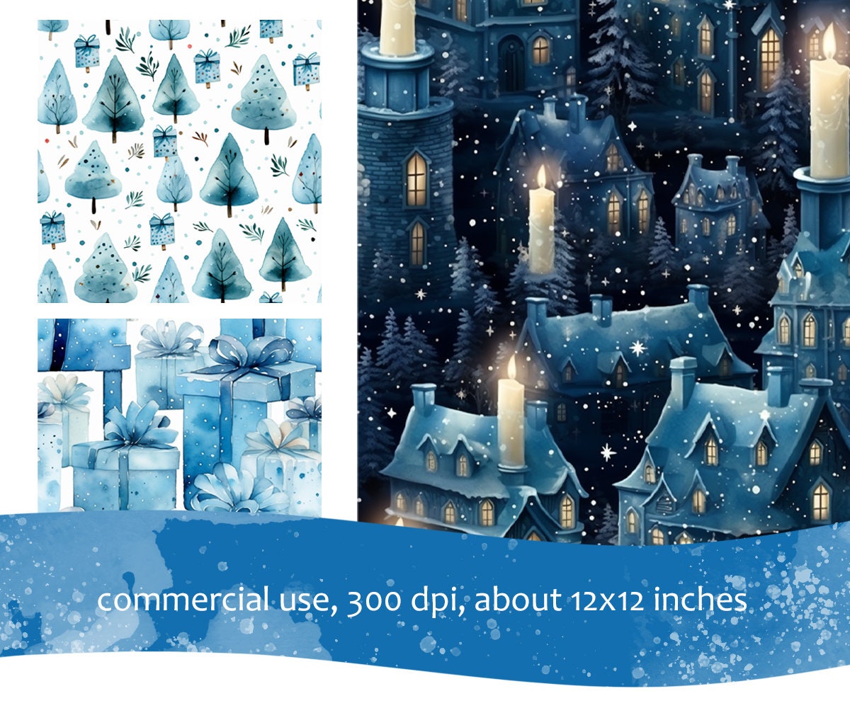 Blue Watercolor Christmas Seamless Pattern, Digital Christmas Papers ...