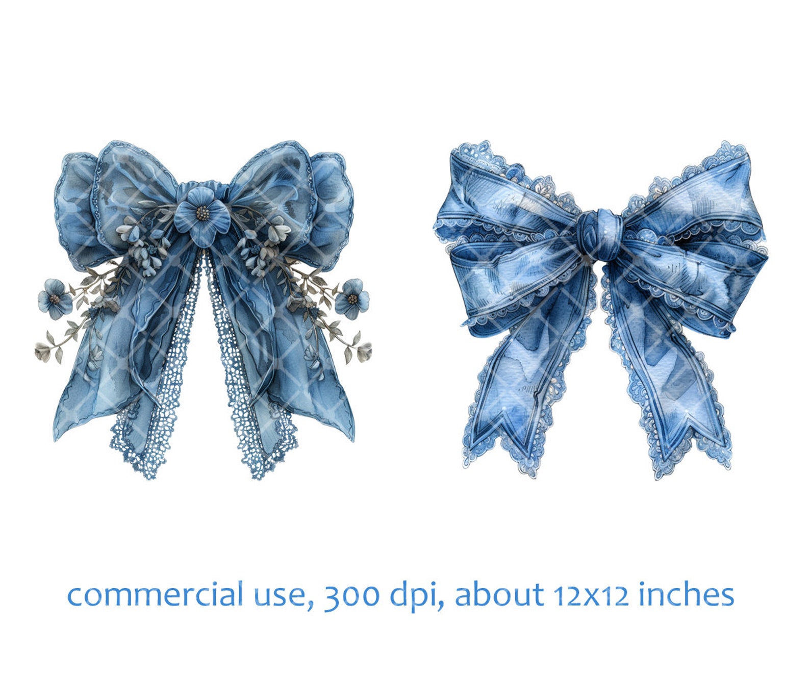 10 Blue Lace Bow Watercolor Clipart - PNG Format Instant Download for ...