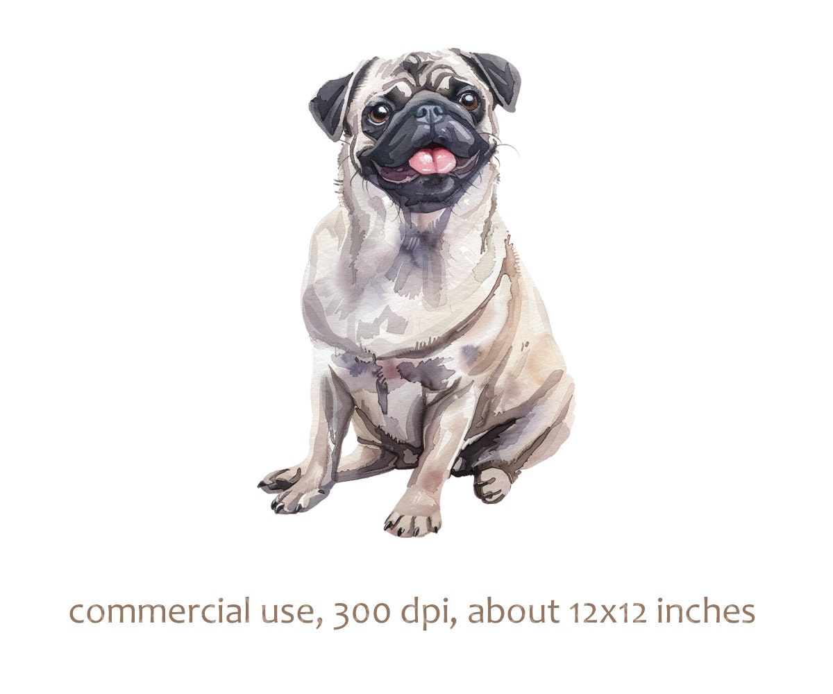 10 Watercolor Pug Clipart, Printable Dogs Watercolor Clipart, Digital ...