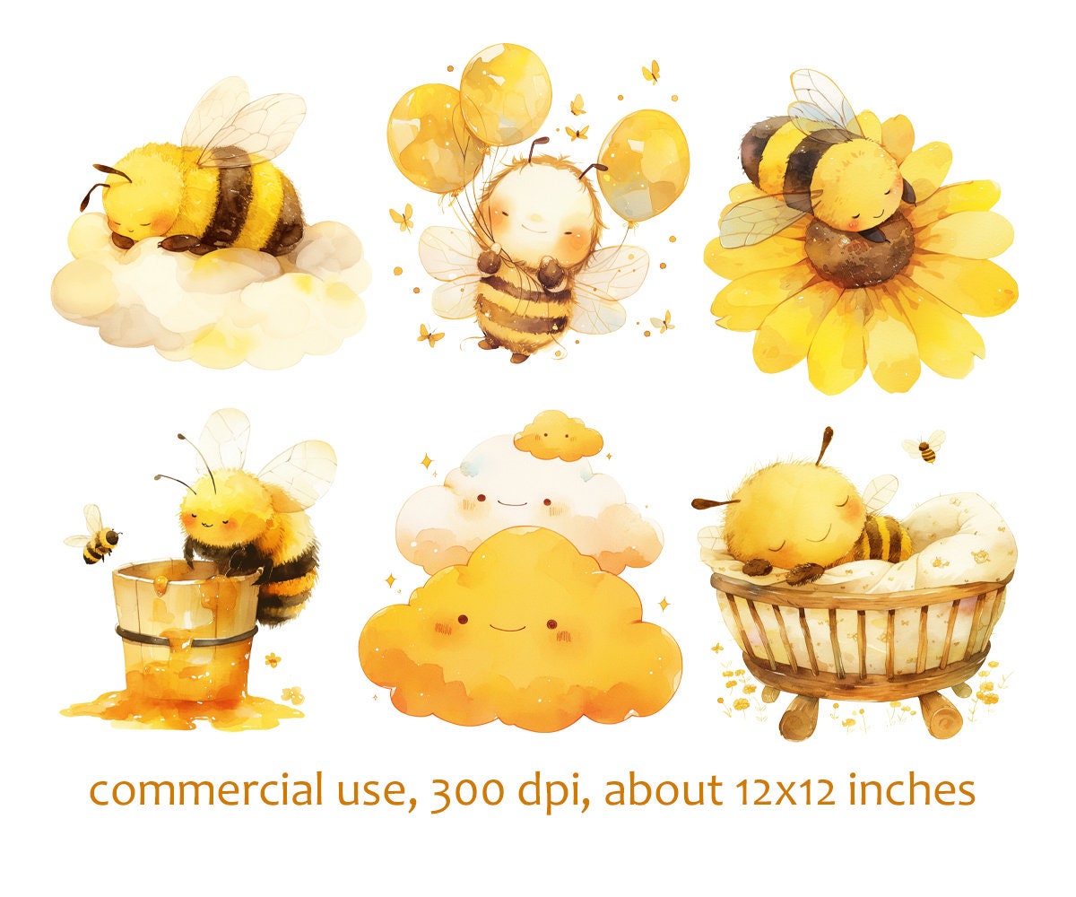 Cute Bee Watercolor Clip Art Bundle, Bees for Children's Room, Bees for ...