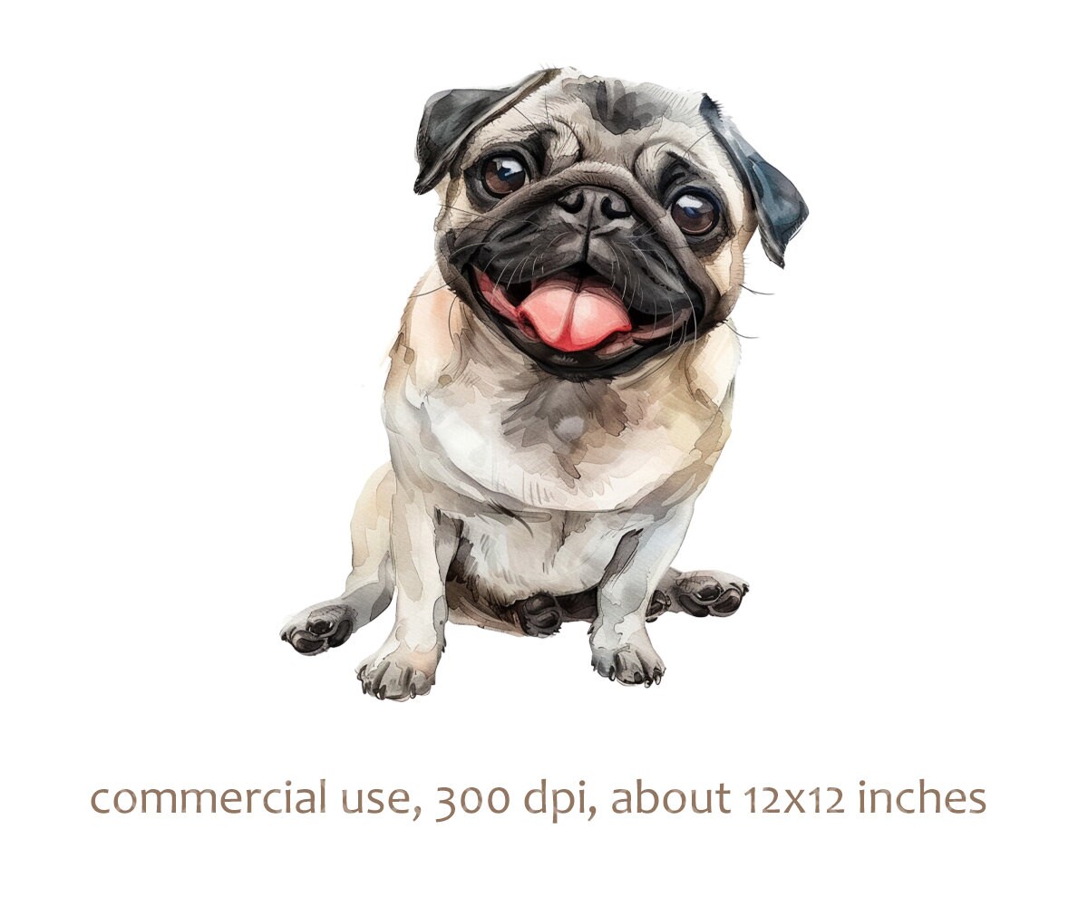 10 Watercolor Pug Clipart, Printable Dogs Watercolor Clipart, Digital ...