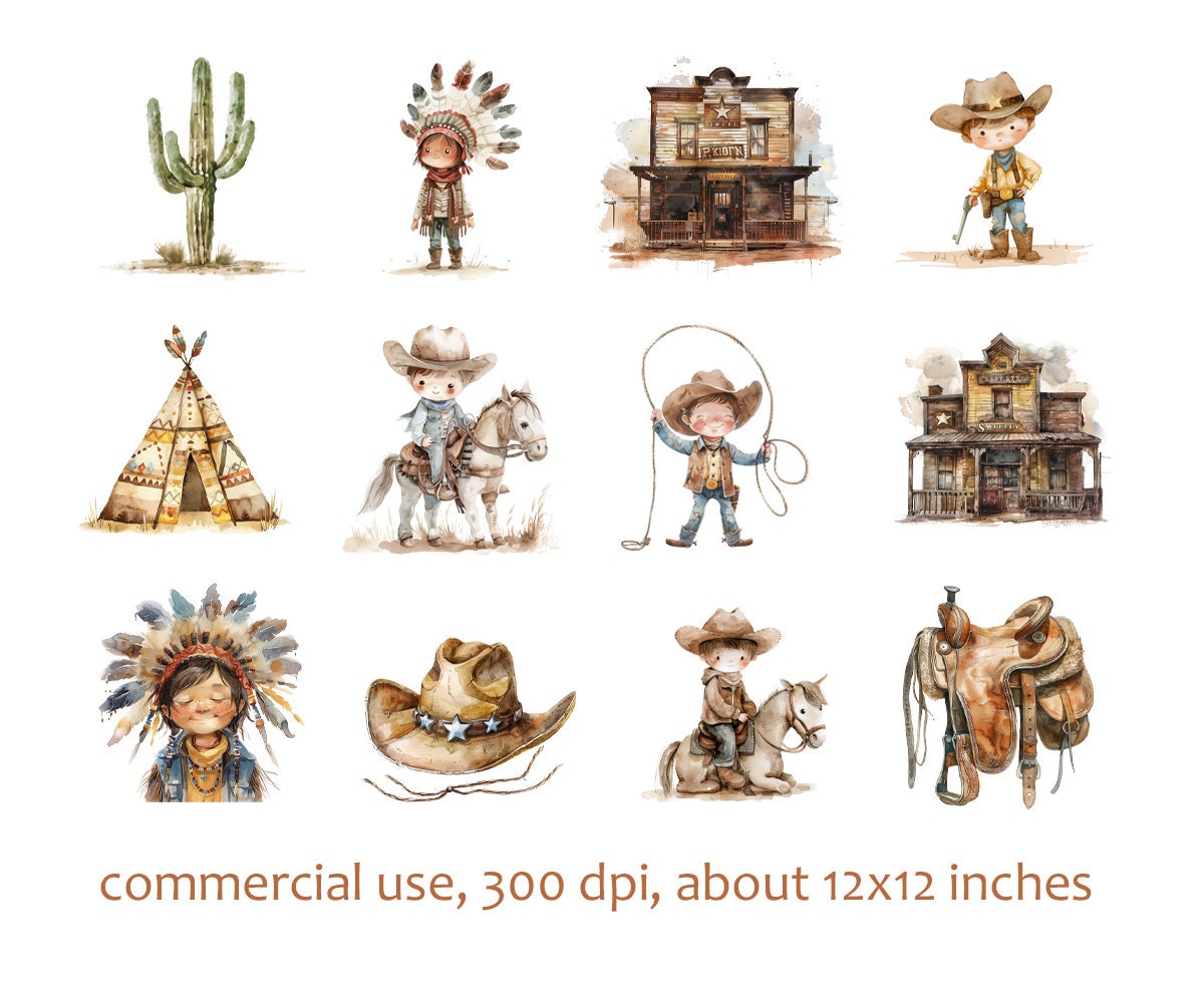 Wild West Watercolor Clipart, Watercolor Wild West for Scrapbooking ...