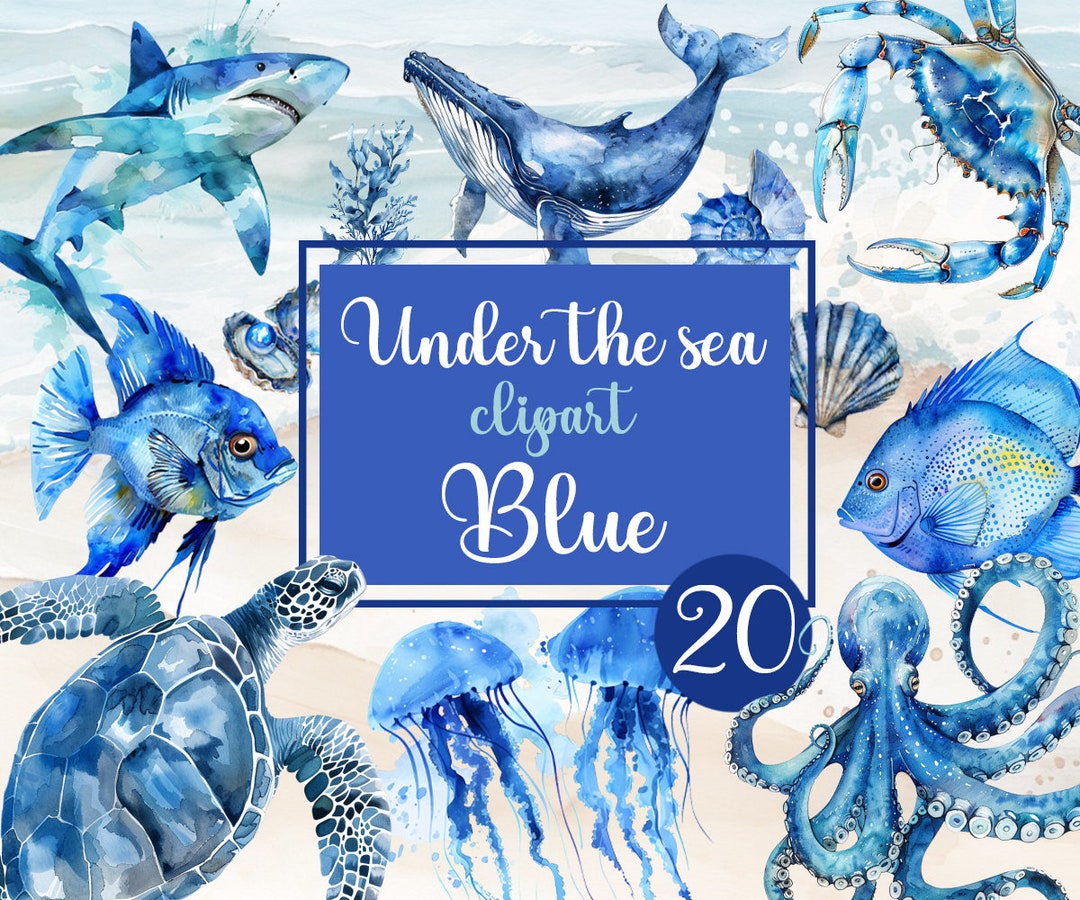 Watercolor Under the Sea Blue Clipart, Ocean Clipart, Whales and Sharks ...